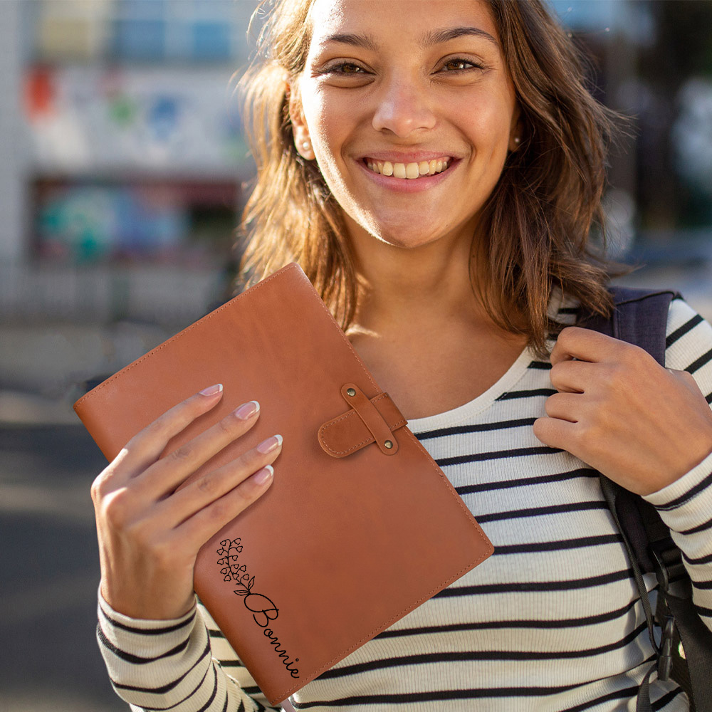 Personalized Engraved Birth Flower Leather A5 Notebook Cover Storage ...