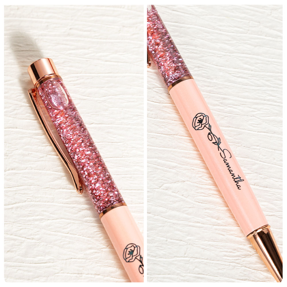 Personalized Glitter Dynamic Liquid Sand Beaded Ballpoint Pen with Engraved Birth Flower and ...