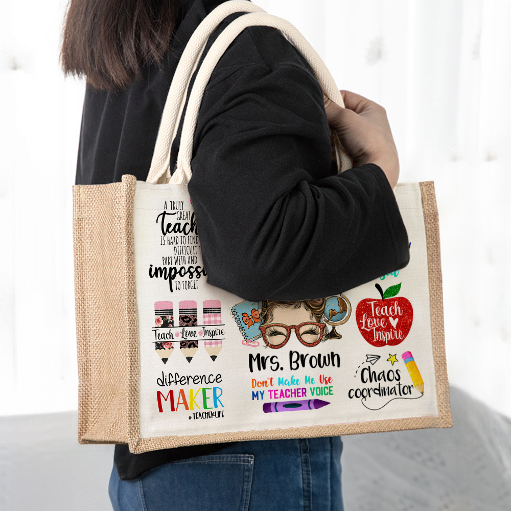 Personalized Cute Cartoon Apple Pencil Jute Tote Bag with Name Teacher ...