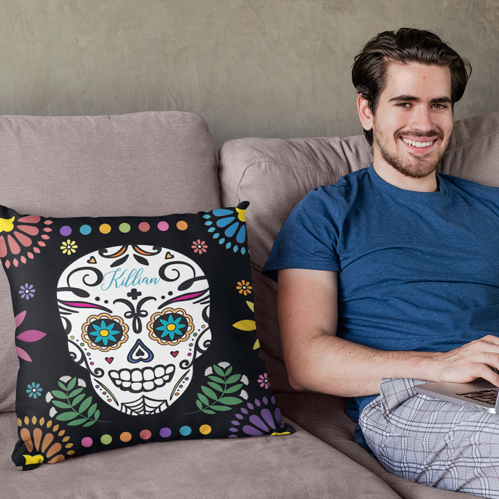 Personalized Mexican Floral Sugar Skull Throw Pillow Cover with Name ...