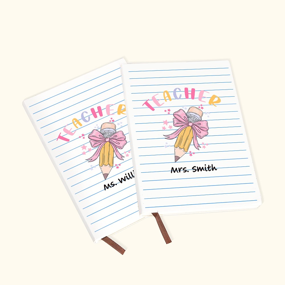 Personalised Cute Bow Pencil Teacher A5 Leather Lined Notebook with ...