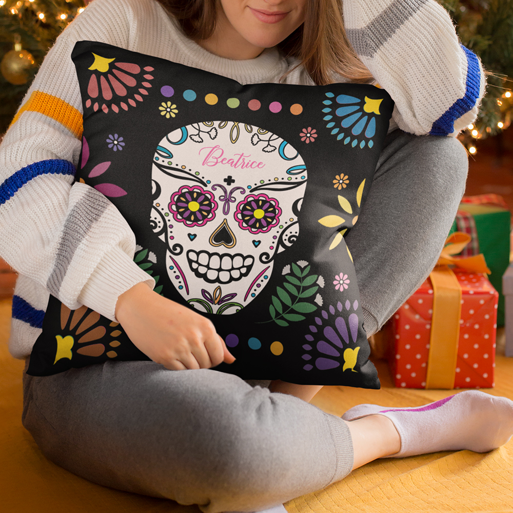 Personalized Mexican Floral Sugar Skull Throw Pillow Cover with Name ...