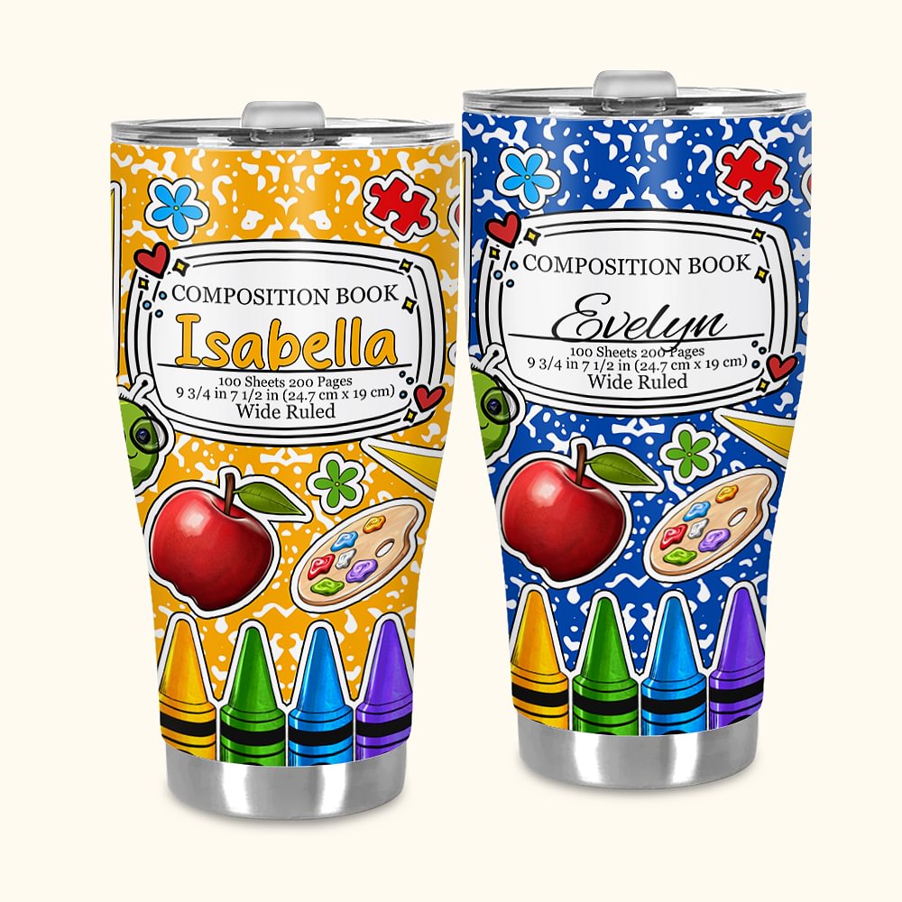 Personalised Colorful Composition Book Apple Crayon Design 30oz ...