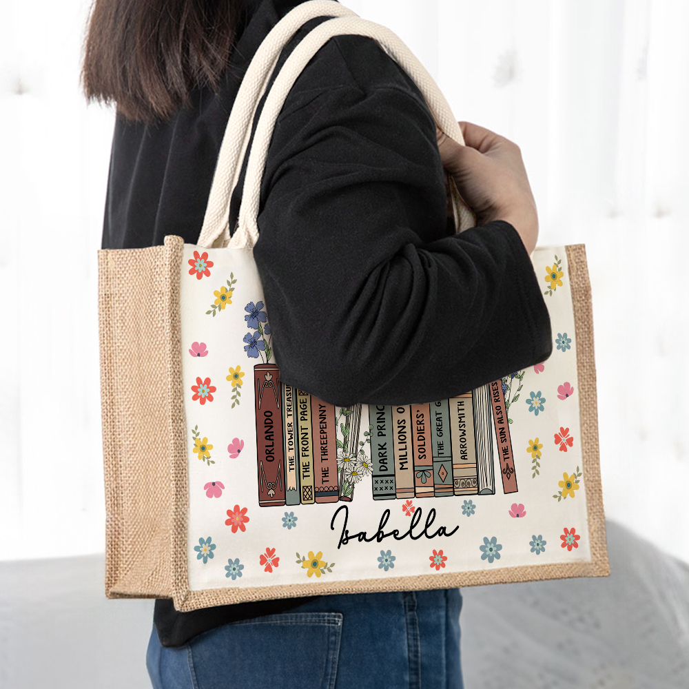 Personalized Spring Floral Book Large Capacity Jute Canvas Tote Bag ...