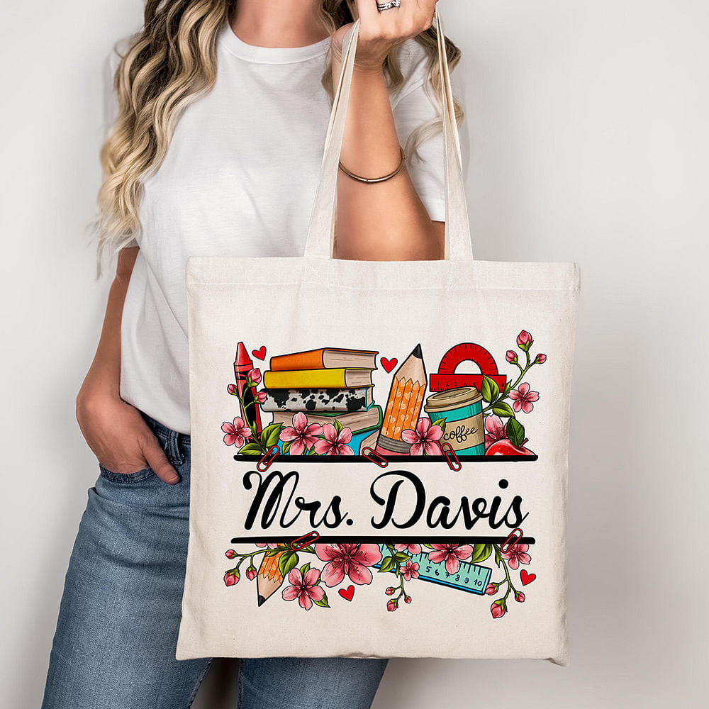 Personalized Books Ruler Pencil Flower Reusable Canvas Tote Bag with ...