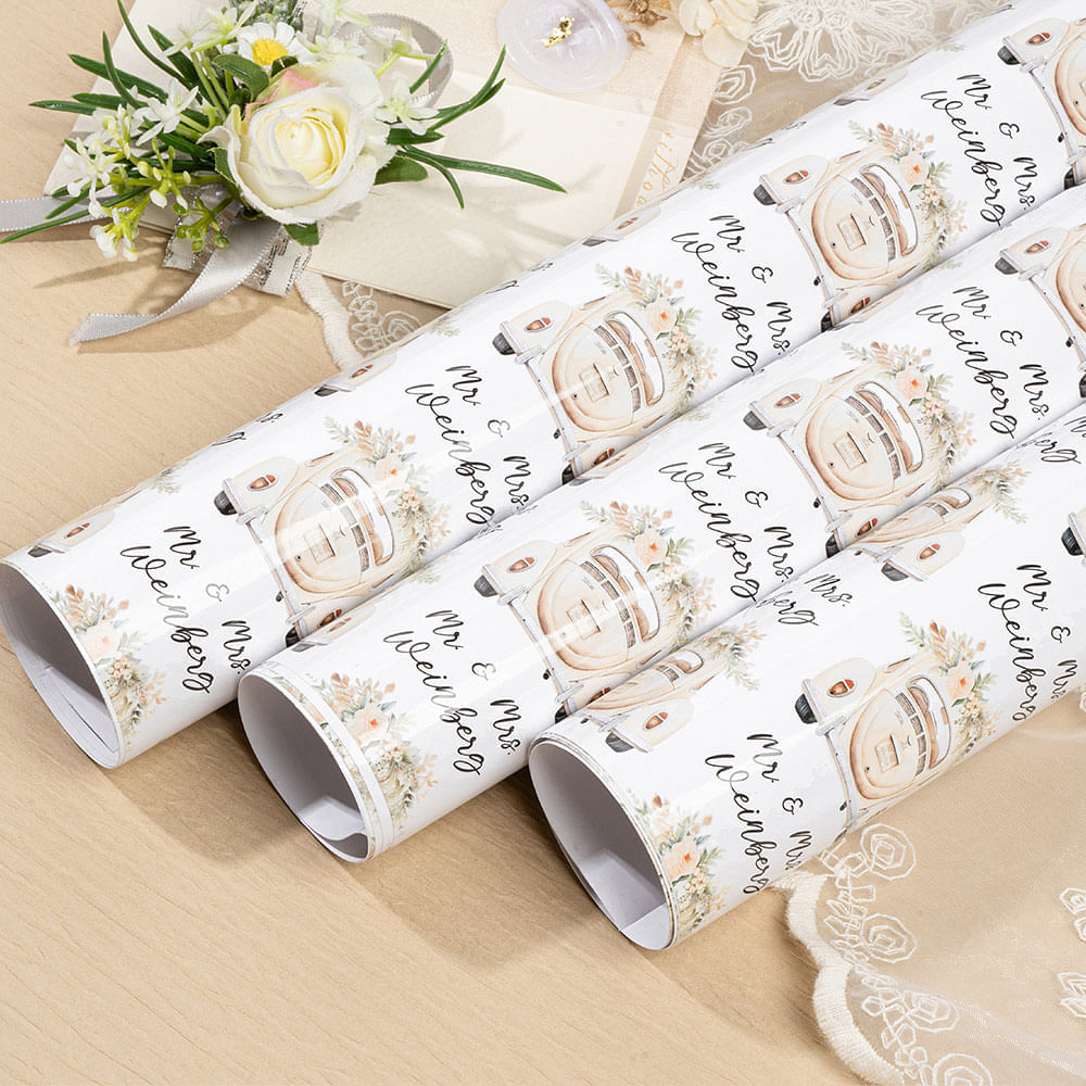 Personalized Floral Wedding Car Design Matte Gift Wrapping Paper with ...