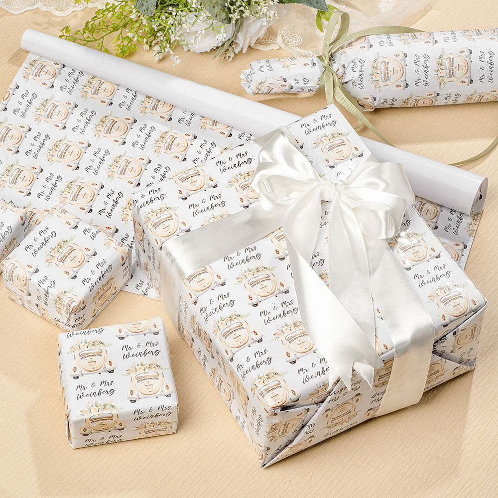 Personalized Floral Wedding Car Design Matte Gift Wrapping Paper with ...
