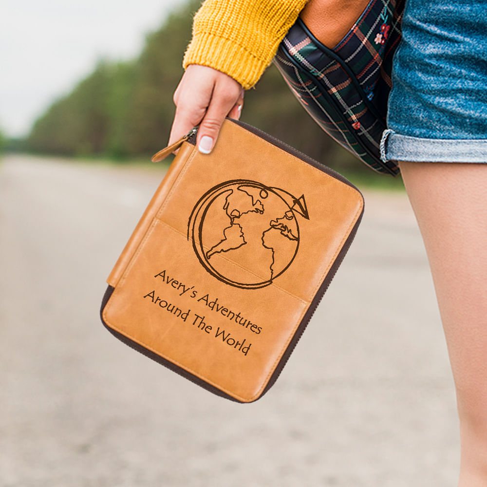 Personalized World Travel Themed Leather Storage Bag with Name and Text ...
