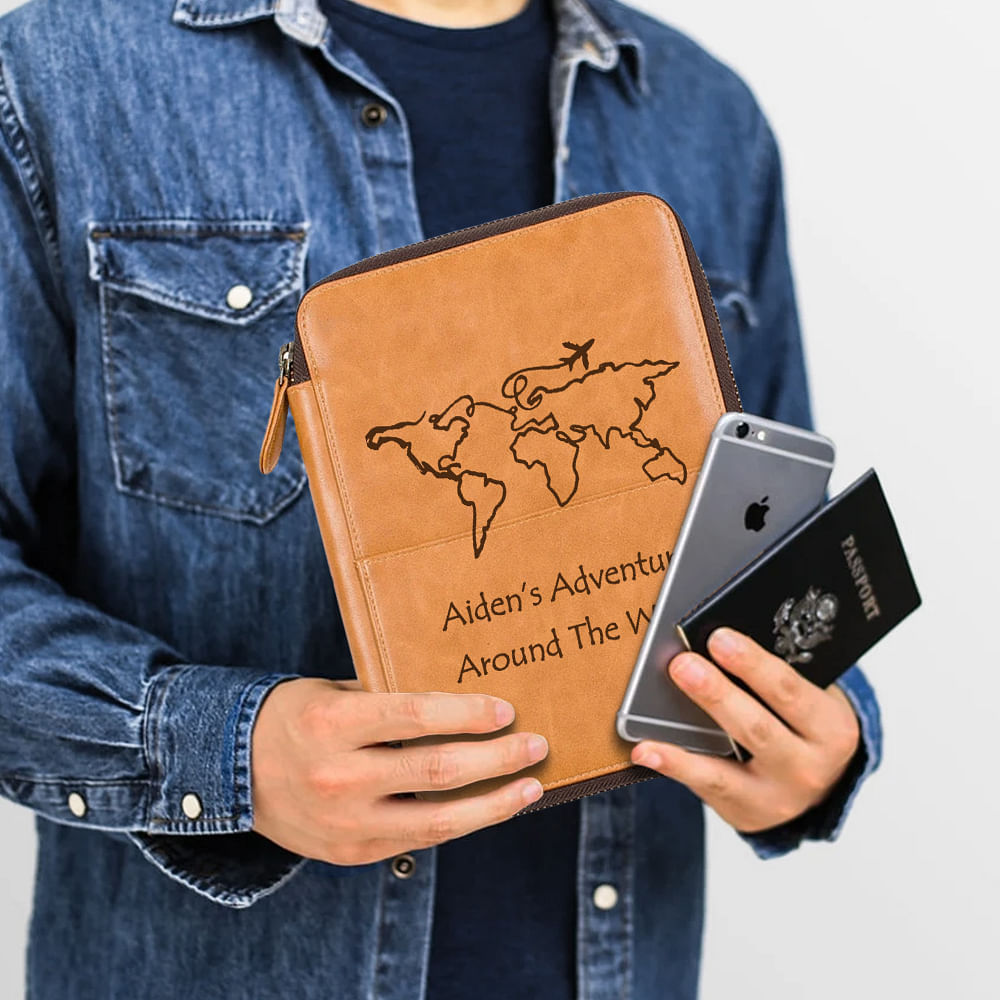 Personalized World Travel Themed Leather Storage Bag with Name and Text ...