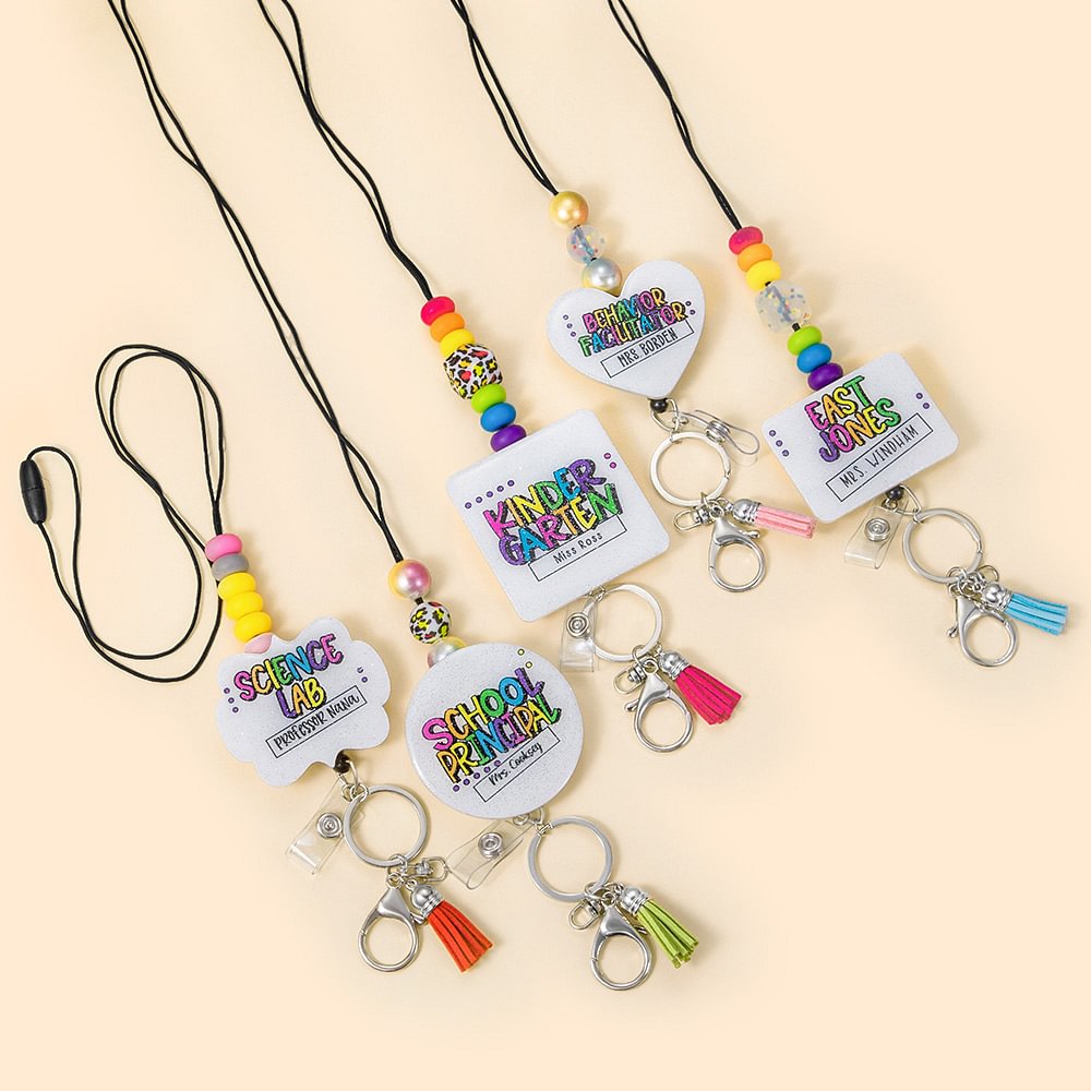 Personalized Glitter Acrylic Beaded Tassel Retractable Lanyard with ...
