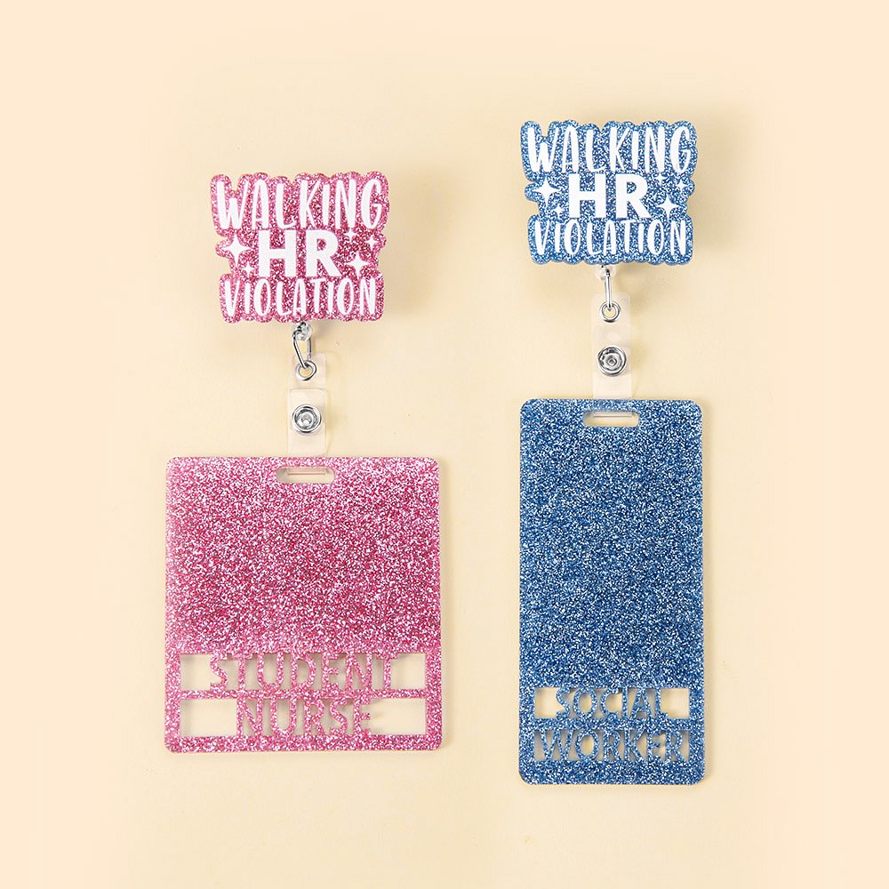 Personalized Walking HR Violation Glitter Retractable ID Badge Buddy ...