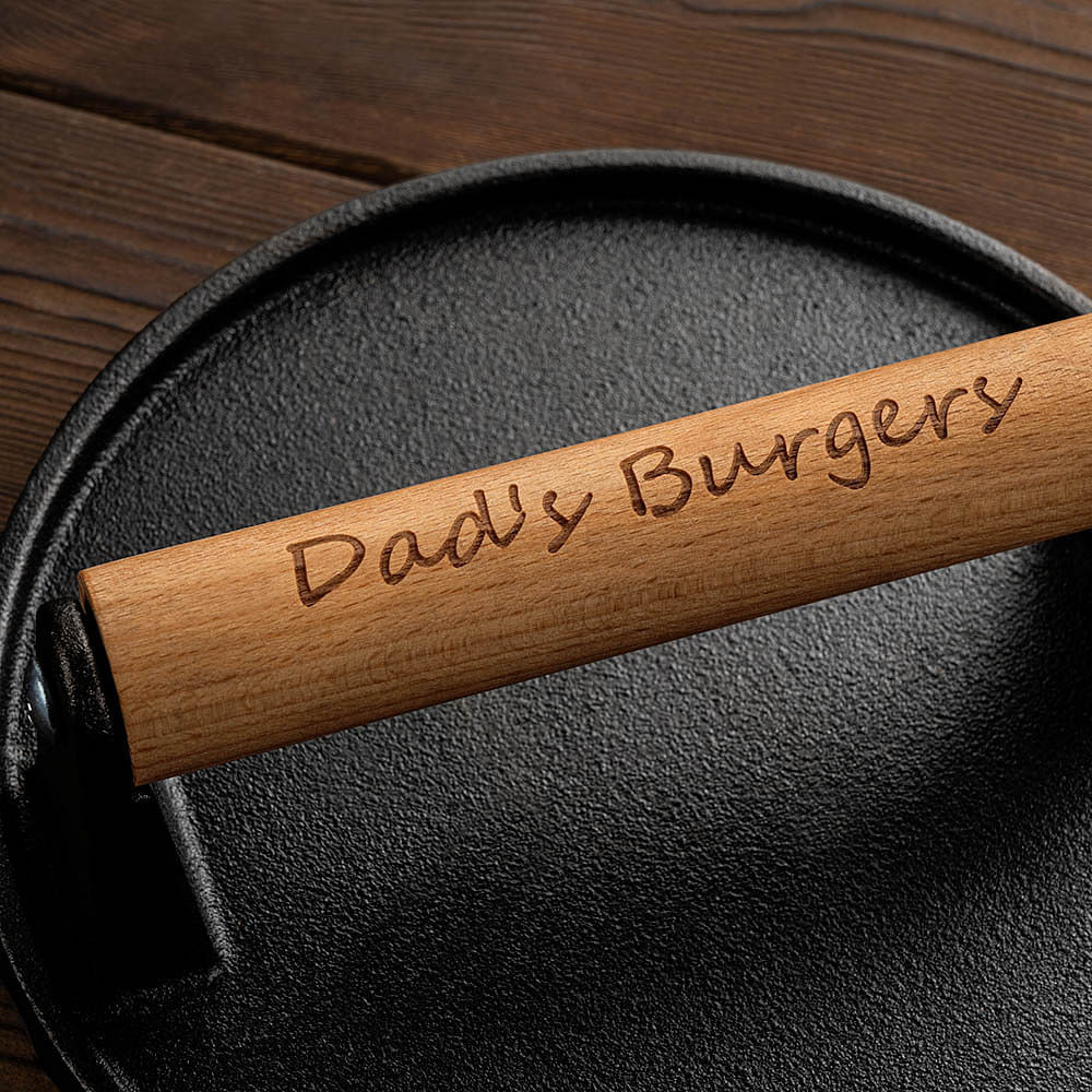 Personalized Iron Burger Weight Meat Press with Engraved Text Wooden ...