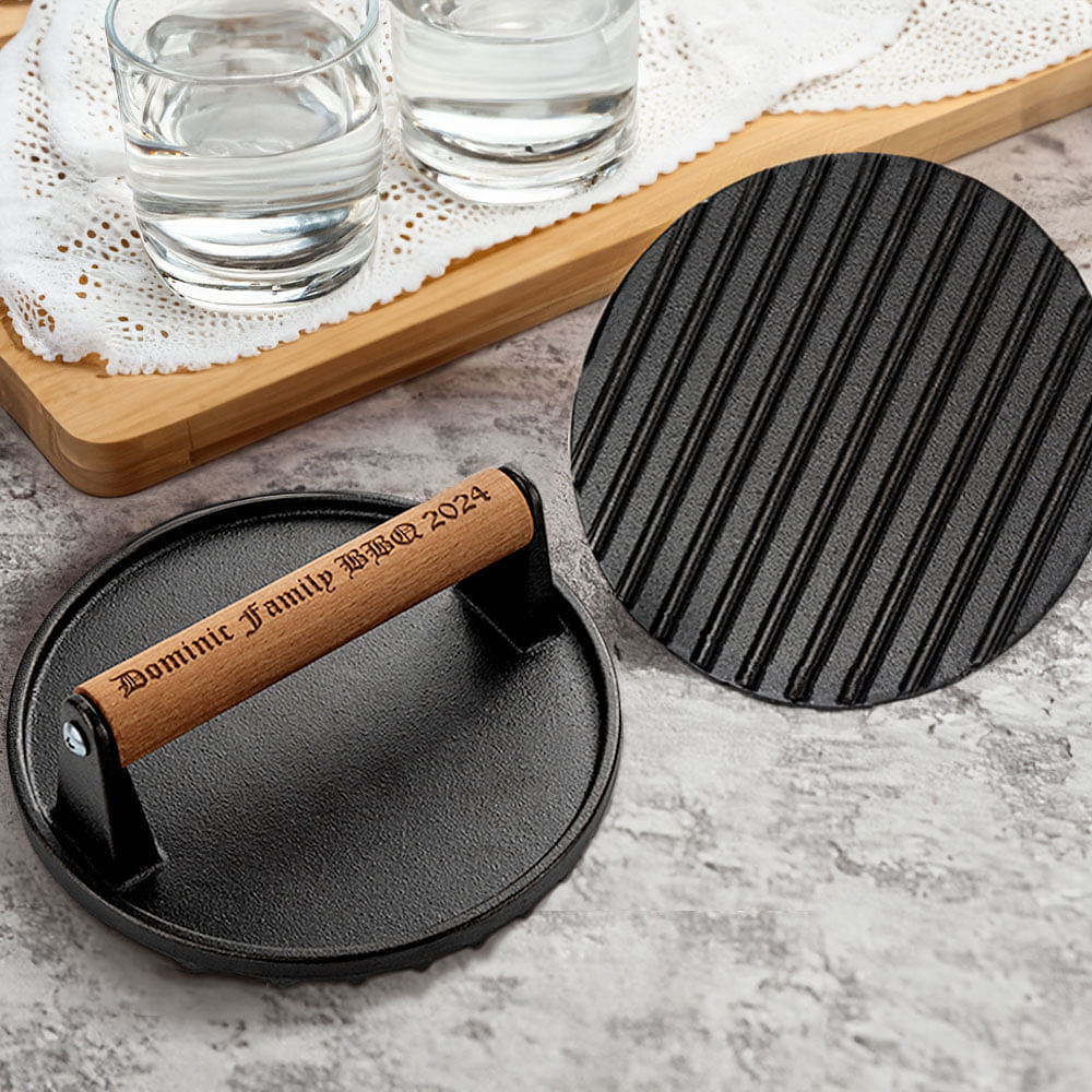 Personalized Iron Burger Weight Meat Press with Engraved Text Wooden ...