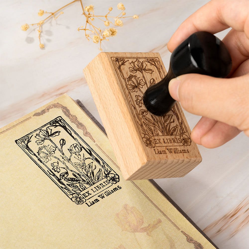 Personalized Vintage Ex Libris Floral Wooden Rubber Stamp with Engraved ...
