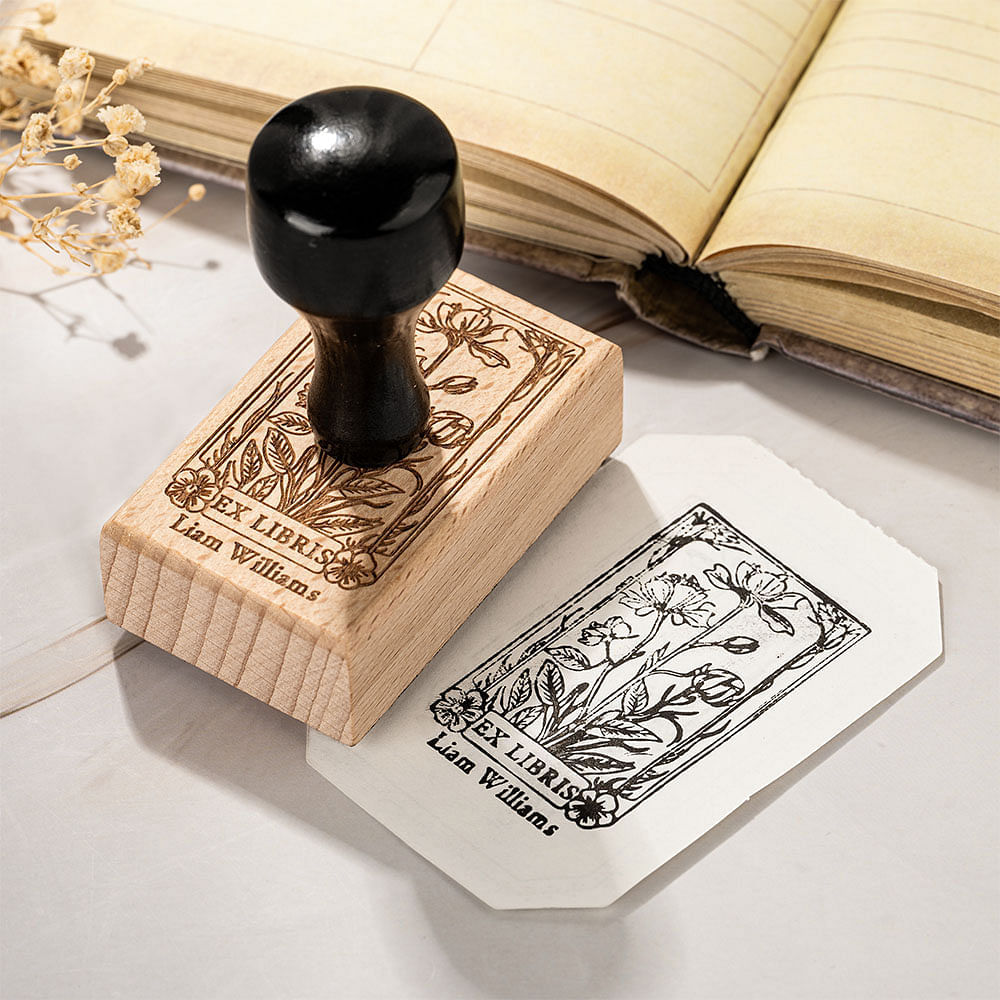 Personalized Vintage Ex Libris Floral Wooden Rubber Stamp with Engraved ...