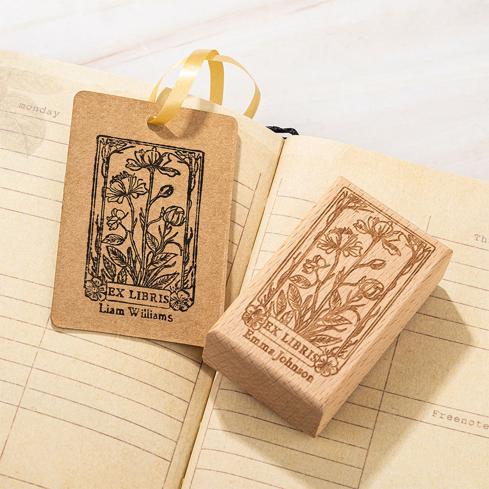 Personalized Vintage Ex Libris Floral Wooden Rubber Stamp with Engraved ...