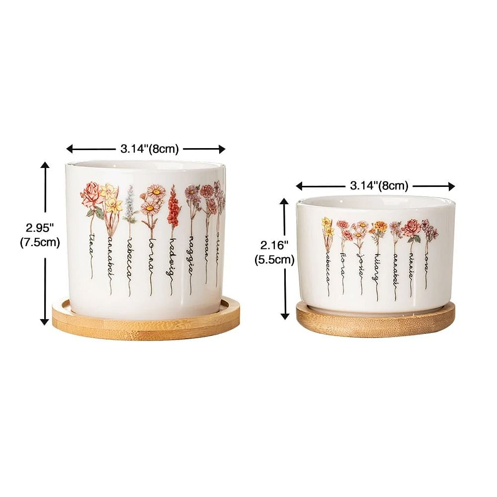 Personalized Birth Flower Ceramic Plant Pot with 1-16 Names and Bamboo ...