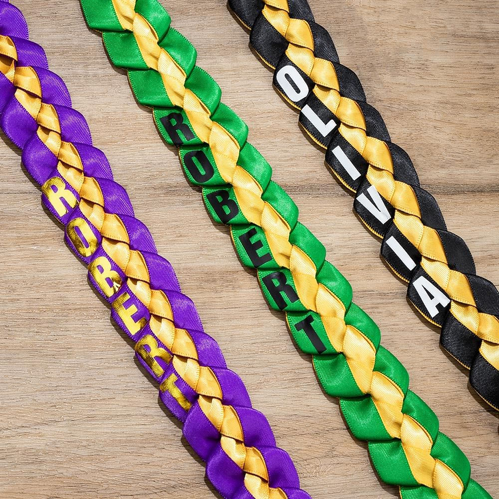 Personalized Two-colored Ribbon Braided Lei with Glitter Grad Cap Tag ...