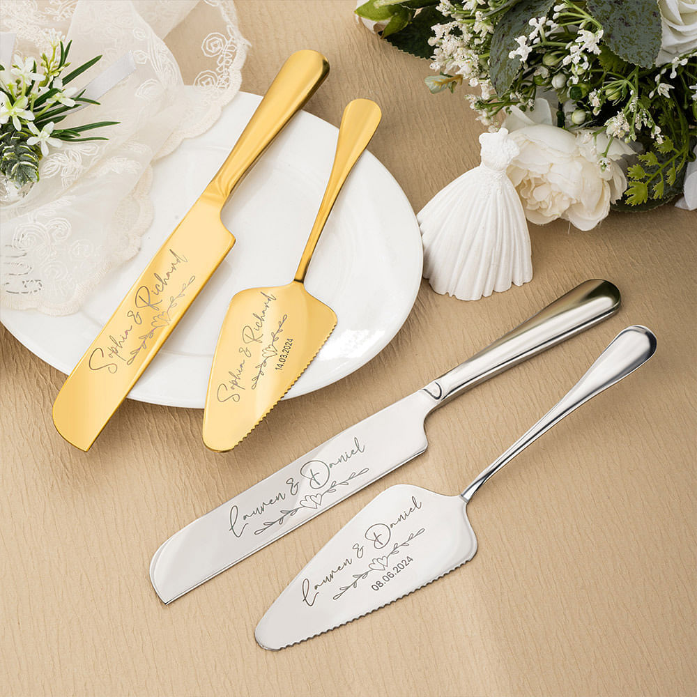 Personalized Cake Knife Server Cutting Set Engraved with Names and Date ...