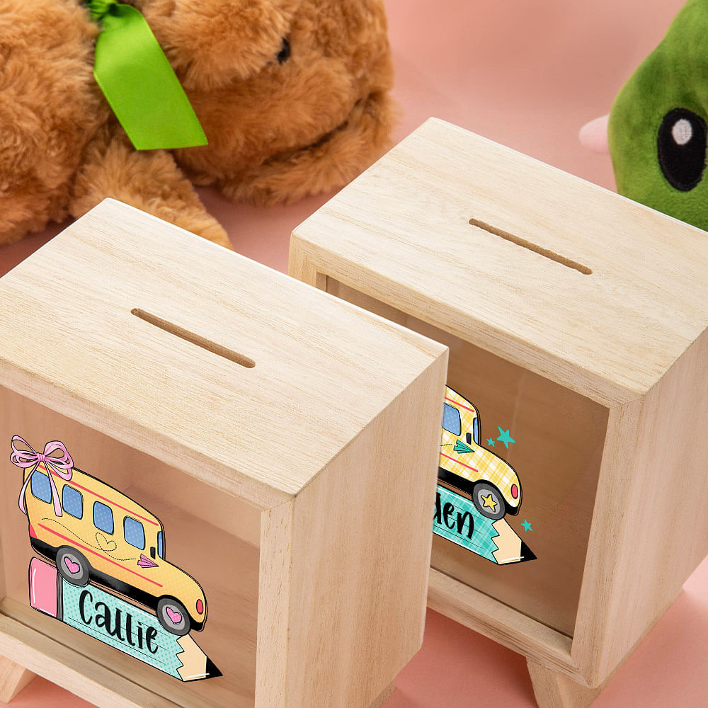 Personalized Coquette Bow Star School Bus Pencil Design Wooden Money ...