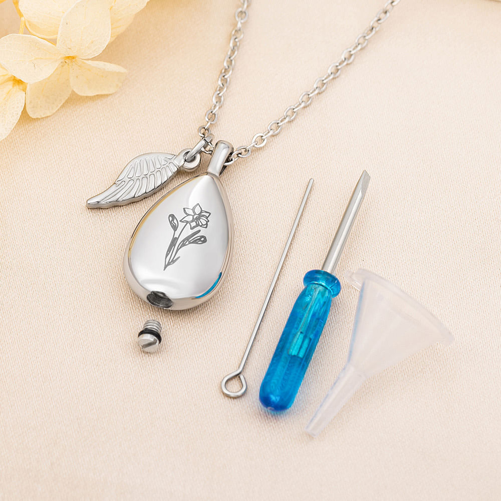 Personalized Engraved Birth Flower Teardrop Ashes Urn Pendant Necklace ...