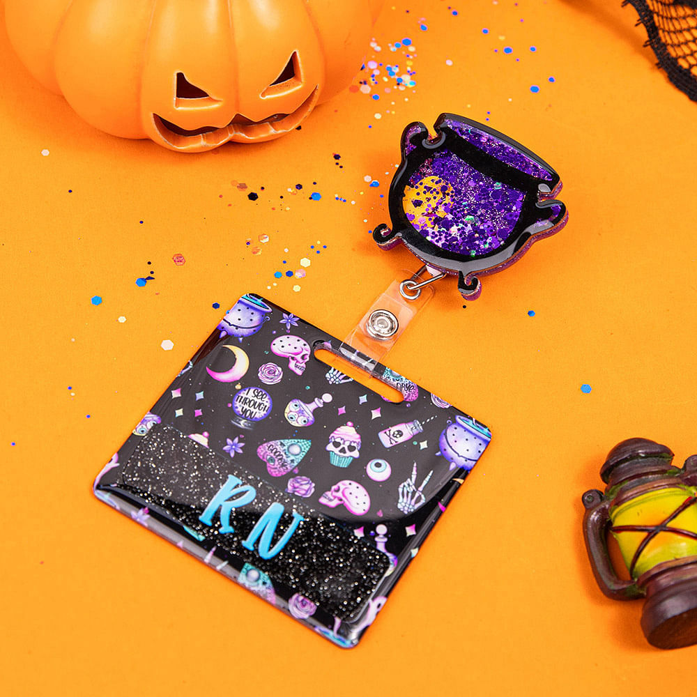 Personalized Shaker Glitter Witch Cauldron Badge Reel ID Holder with ...