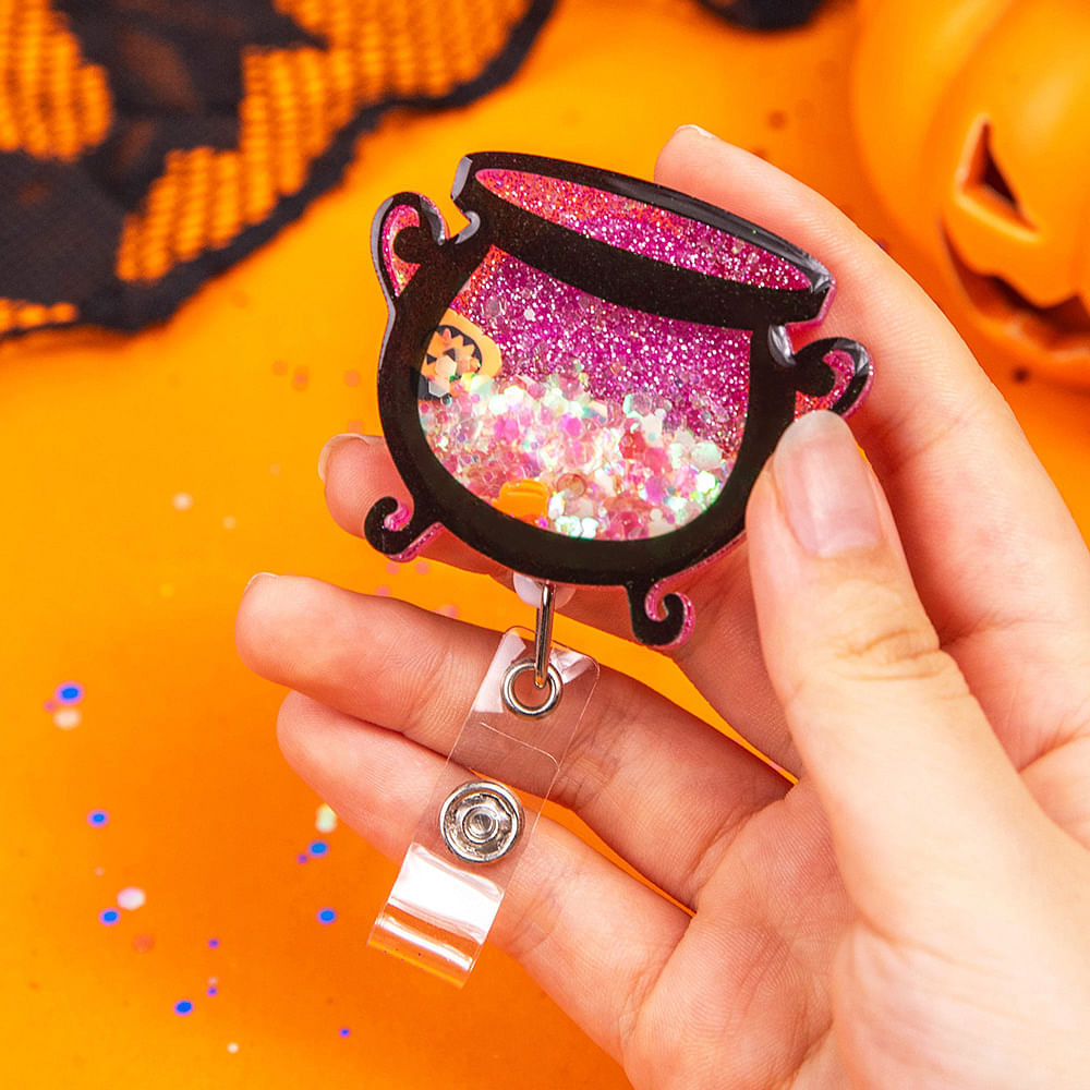 Personalized Shaker Glitter Witch Cauldron Badge Reel ID Holder with ...