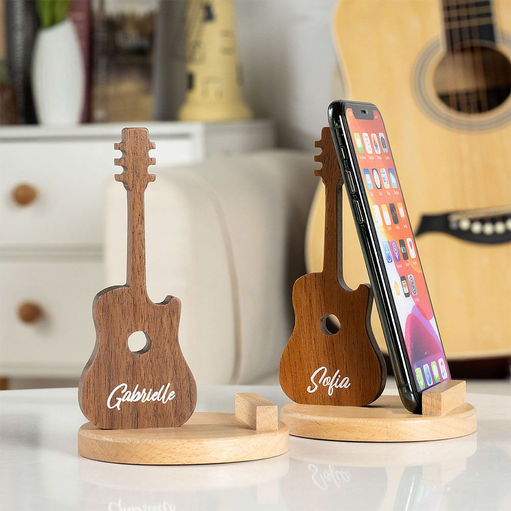 Personalized Retro Guitar Shaped Wooden Phone Table Stand with Engraved ...