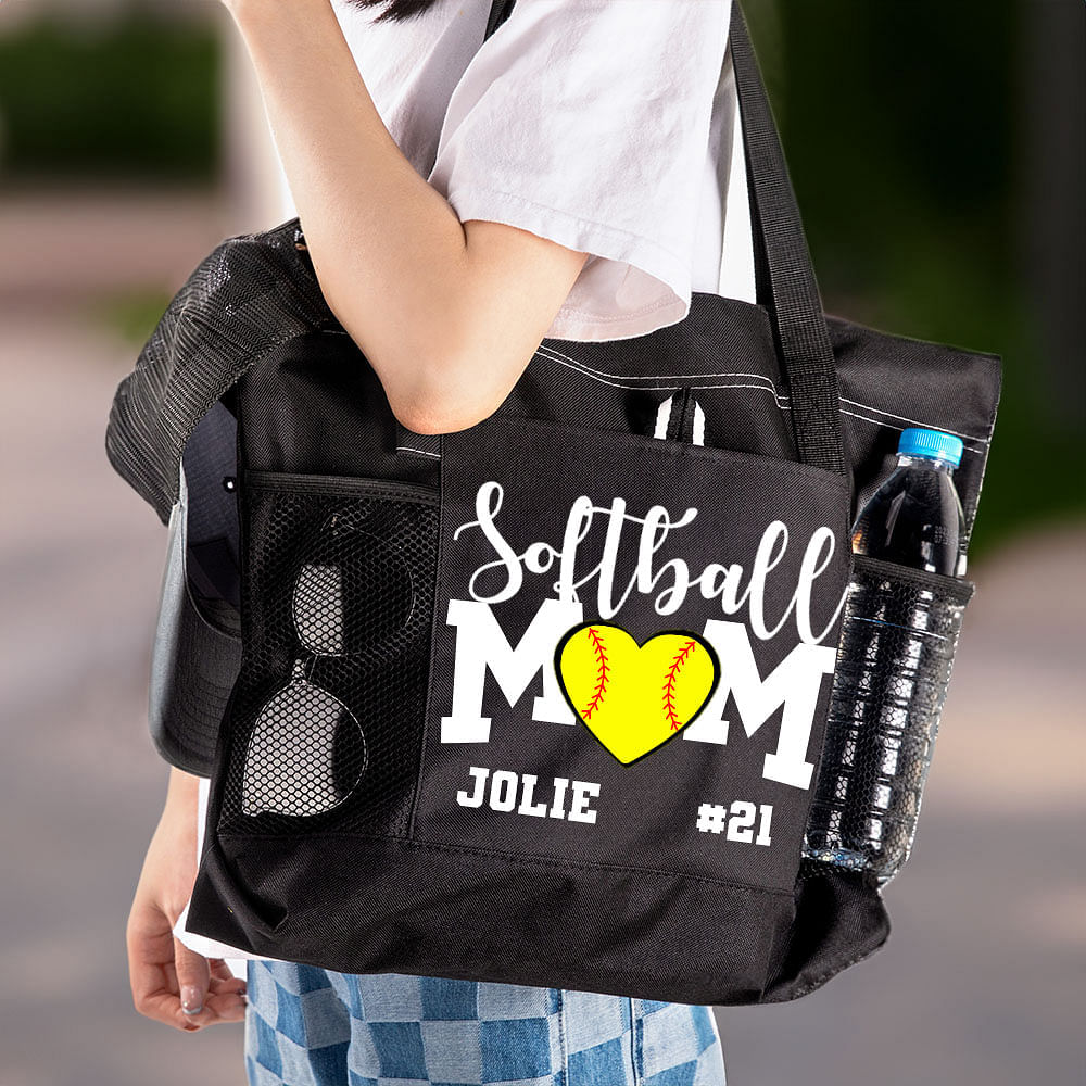 Personalized Baseball Softball Mom Large Zippered Tote Bag with Name ...