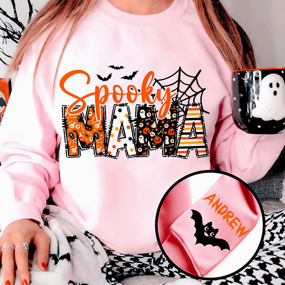 Personalized Spooky Mama Grandma Pumpkin Bat Design Crewneck Sweatshirt ...
