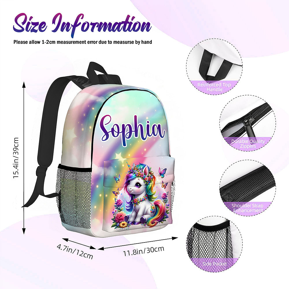 Personalised Cute Fantasy Unicorn Kid School Backpack with Name Large ...