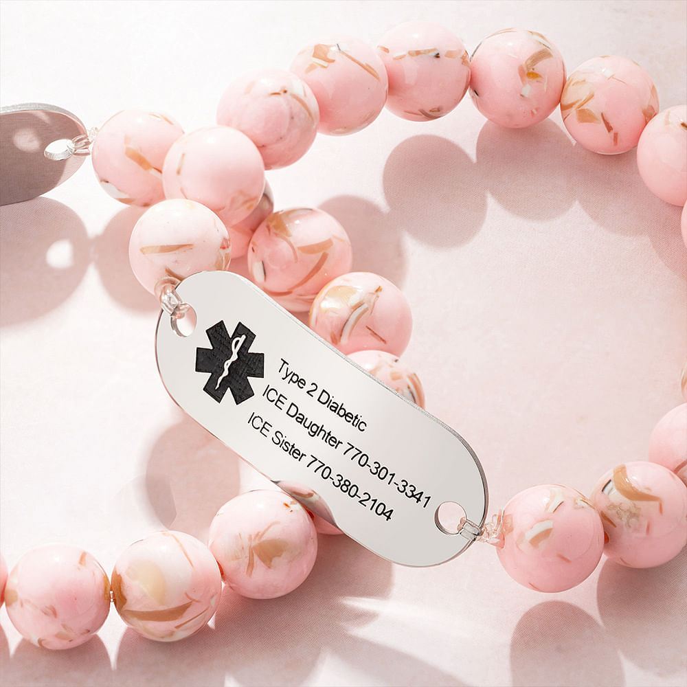 Personalized Medical Emergency Alert ID Elastic Pink Beaded Bracelet ...