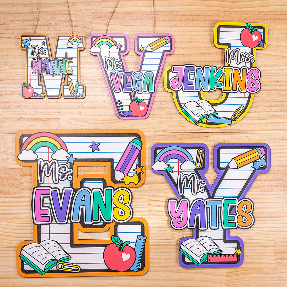 Personalized Wooden Rainbow Pencil Apple Teacher Name Initial Door Sign ...