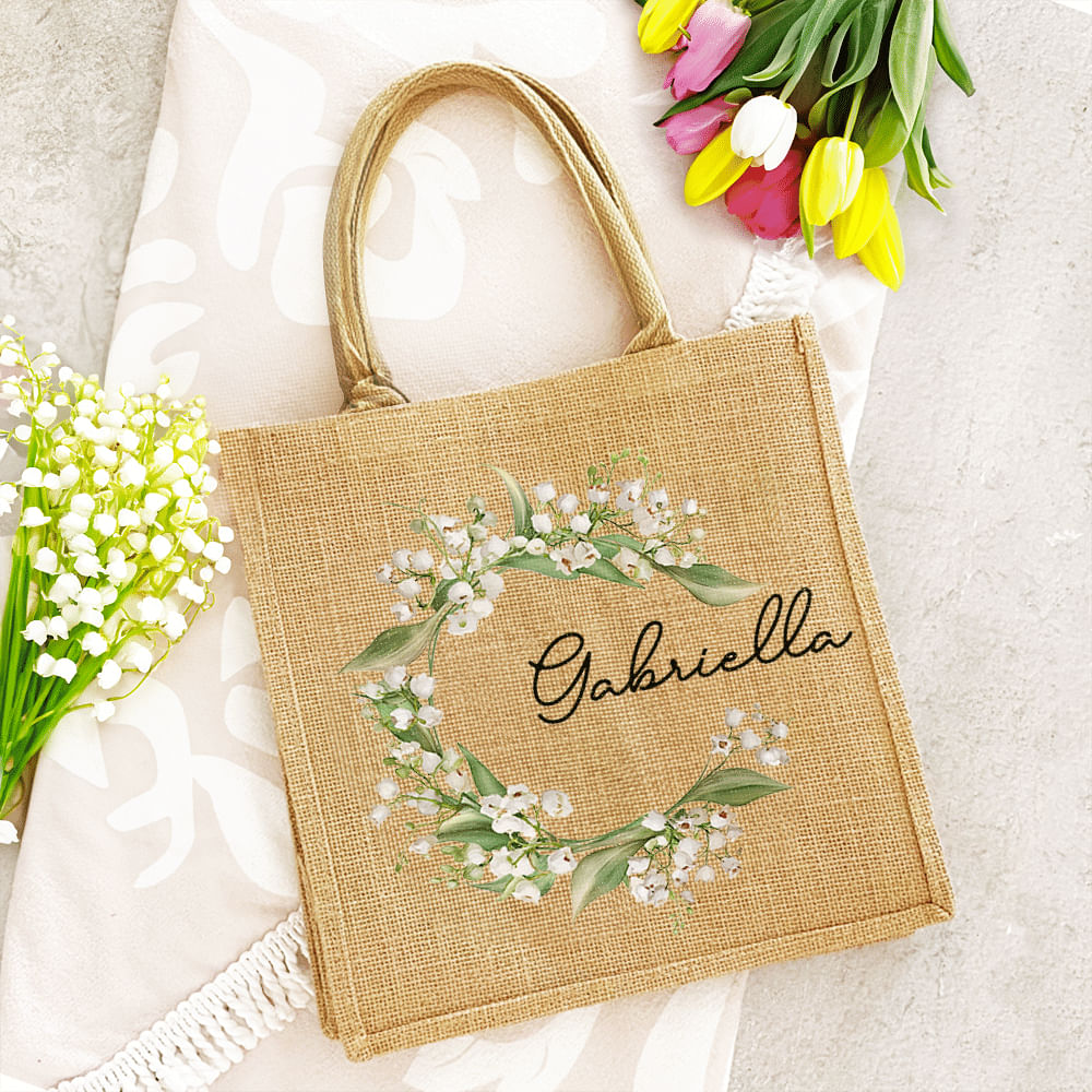 Personalized Jute bag 02 with Birth Flower Wreath Jute Bag with Name ...