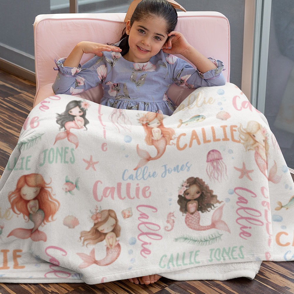 Personalized Pink Mermaid Princess Soft Blanket with Colorful Initial ...