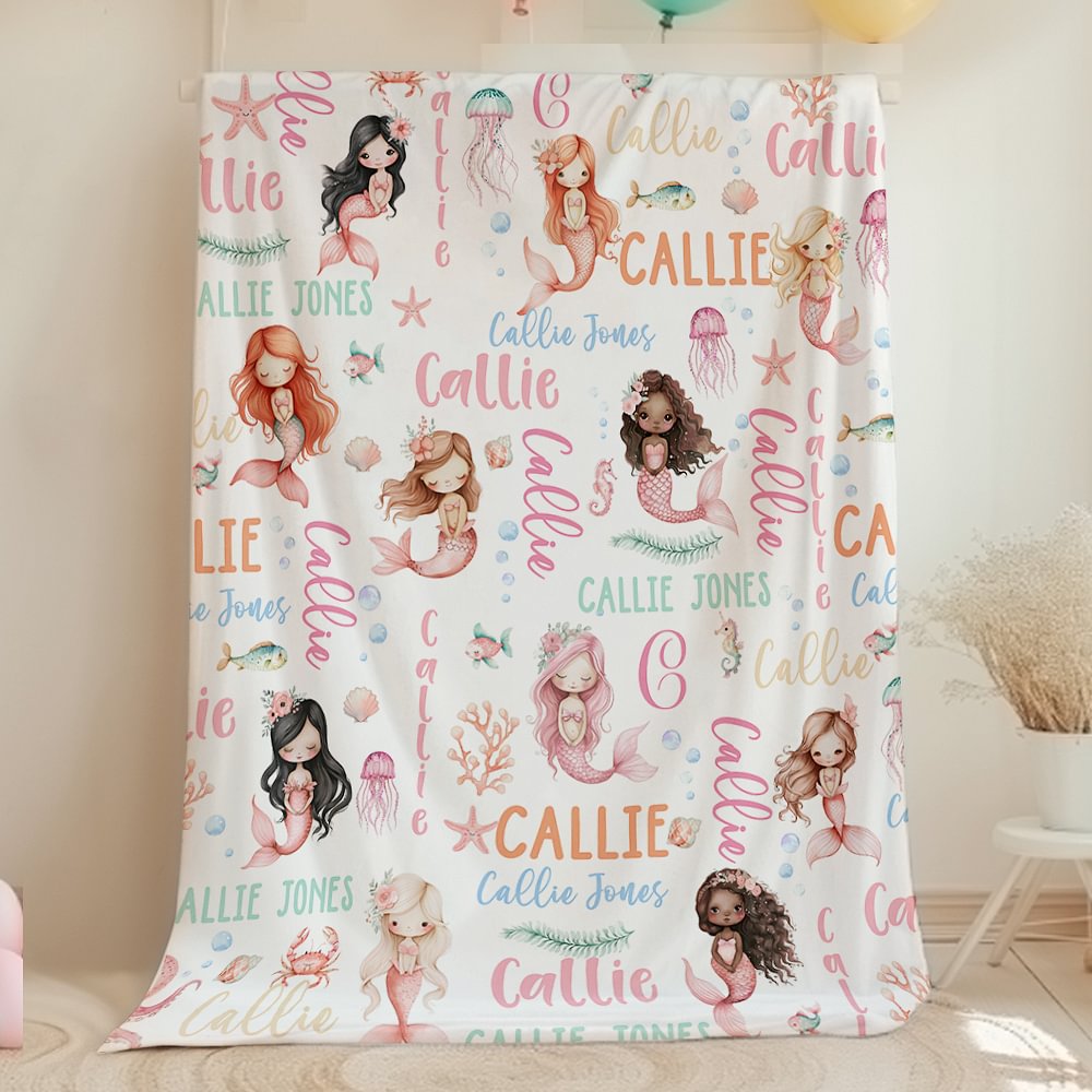 Personalized Pink Mermaid Princess Soft Blanket with Colorful Initial ...