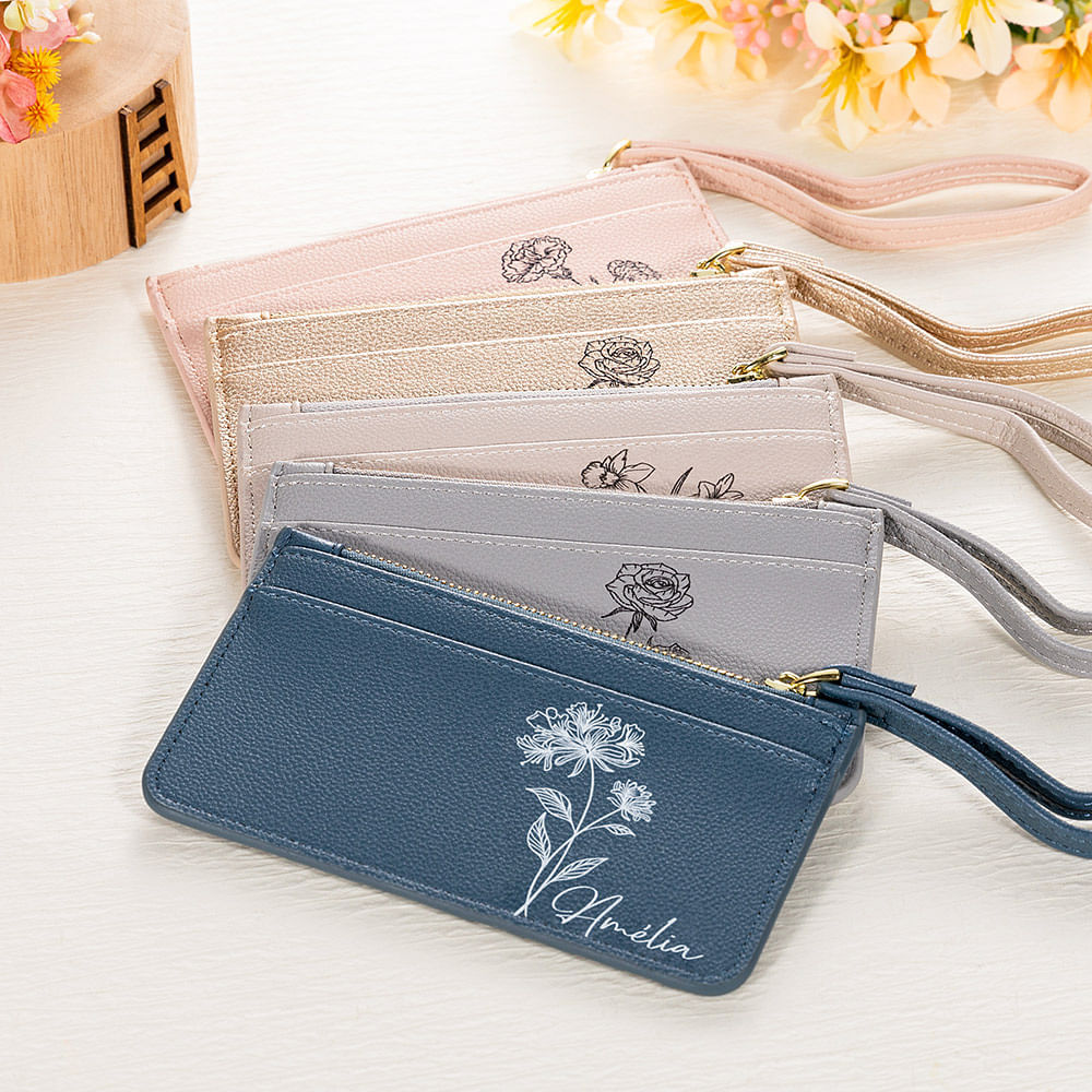 Personalized Birth Flower Name Card Holder Wallet with Wrist Strap ...