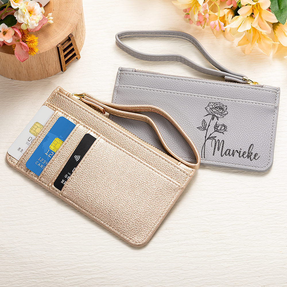 Personalized Birth Flower Name Card Holder Wallet with Wrist Strap ...