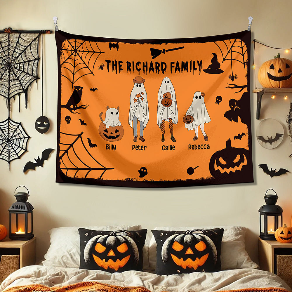 Personalized Multicolor Halloween Theme Cartoon Ghost Family Tapestry ...