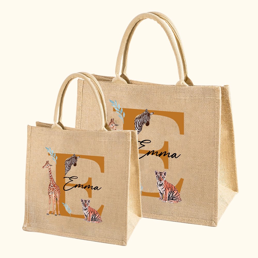 Personalised Jungle Animal Jute Tote Bag with Name and Initial Large ...