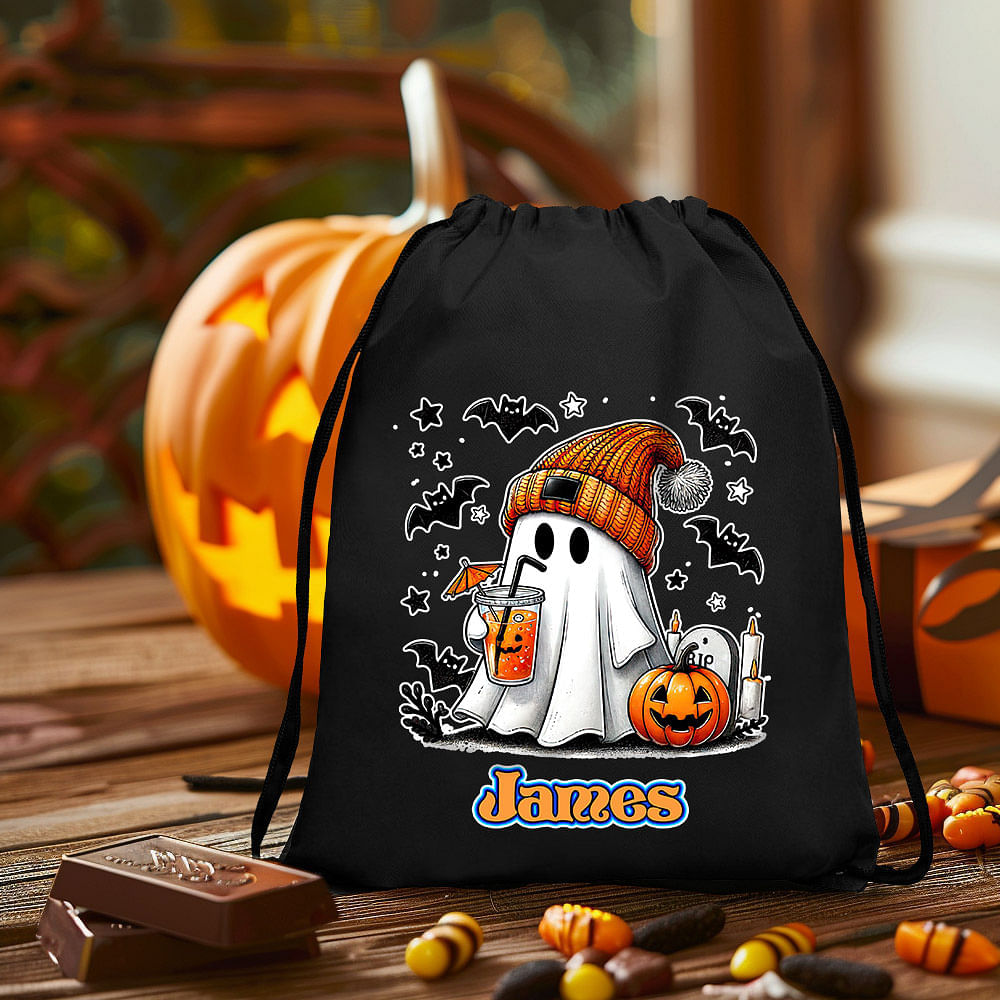 Personalized Cute Halloween Ghost Pumpkin Design Drawstring Bag with ...