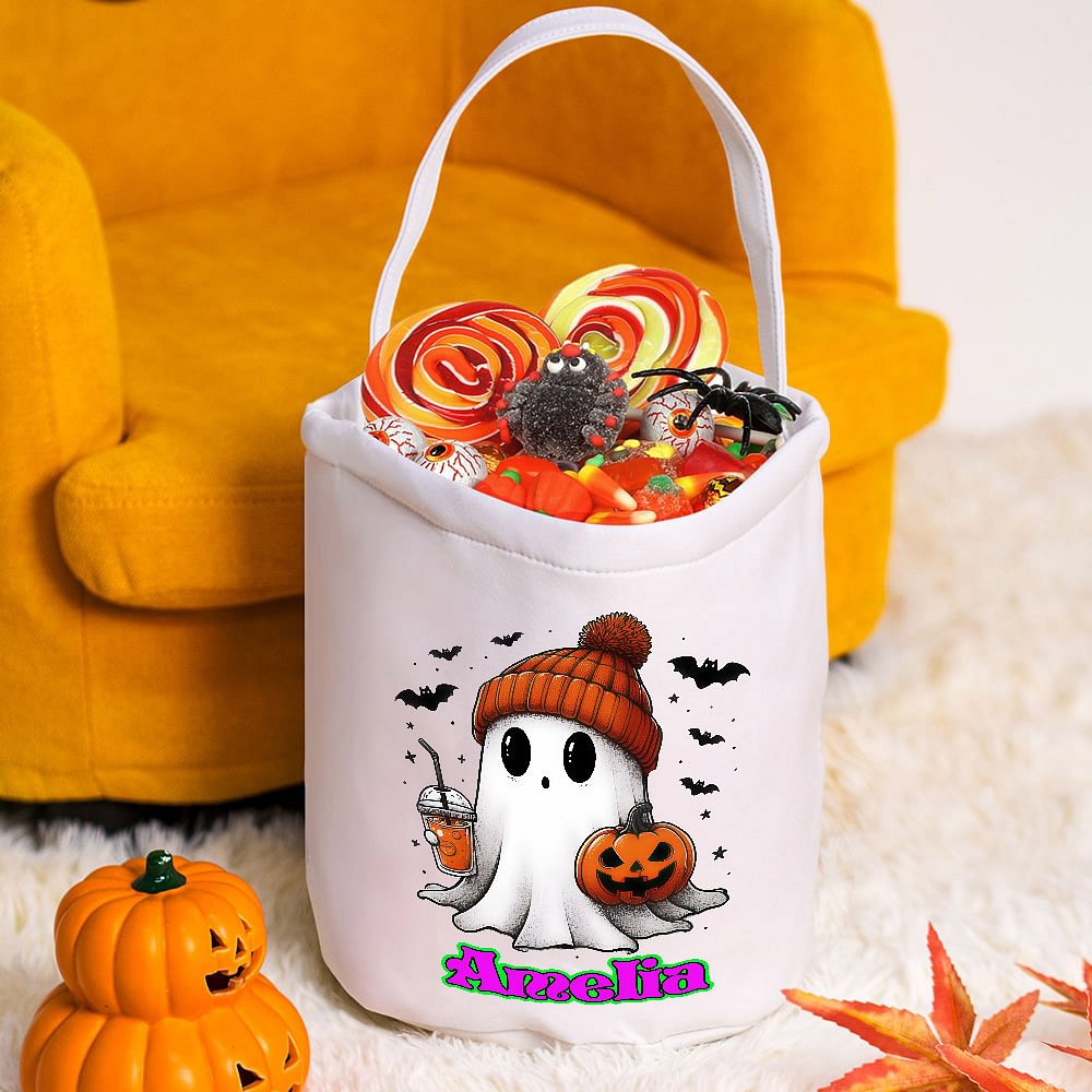 Personalized Halloween Cute Ghost Trick or Treat Candy Bucket Bag with ...