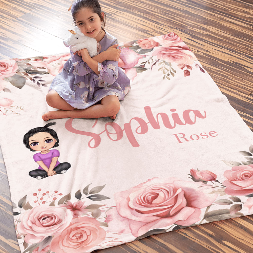 Personalized Cartoon Character Floral Design Soft Throw Blanket with ...