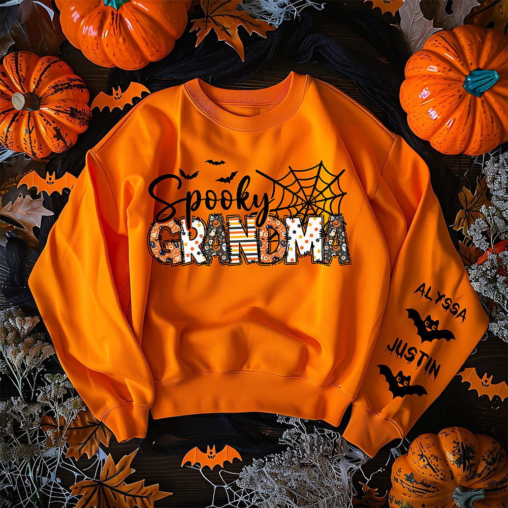 Personalized Spooky Mama Grandma Pumpkin Bat Design Crewneck Sweatshirt ...
