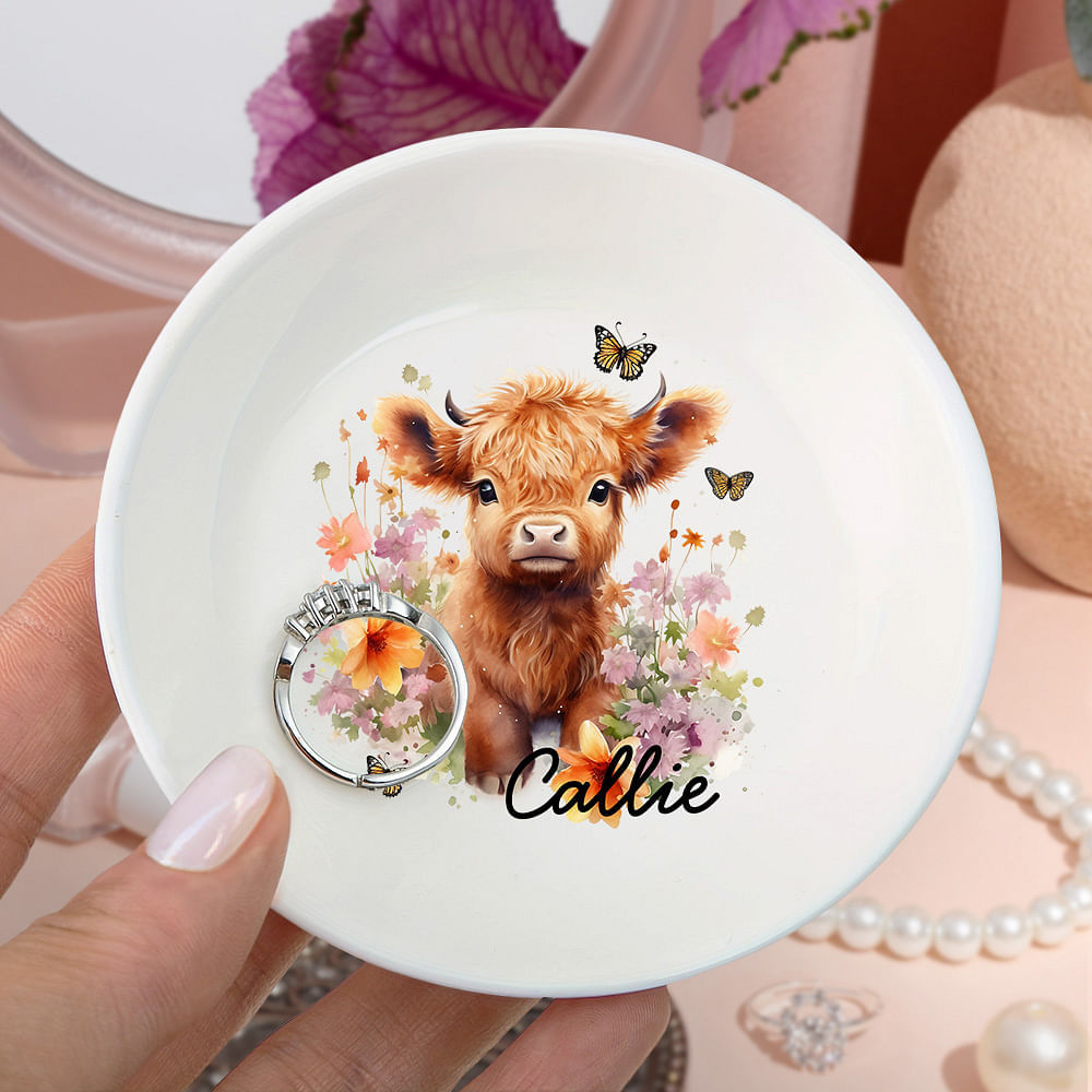 Personalized Watercolor Floral Highland Cow Ceramic Trinket Jewelry ...