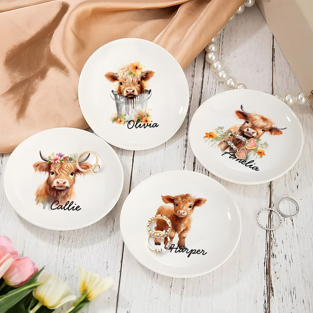 Personalized Watercolor Floral Highland Cow Ceramic Trinket Jewelry ...