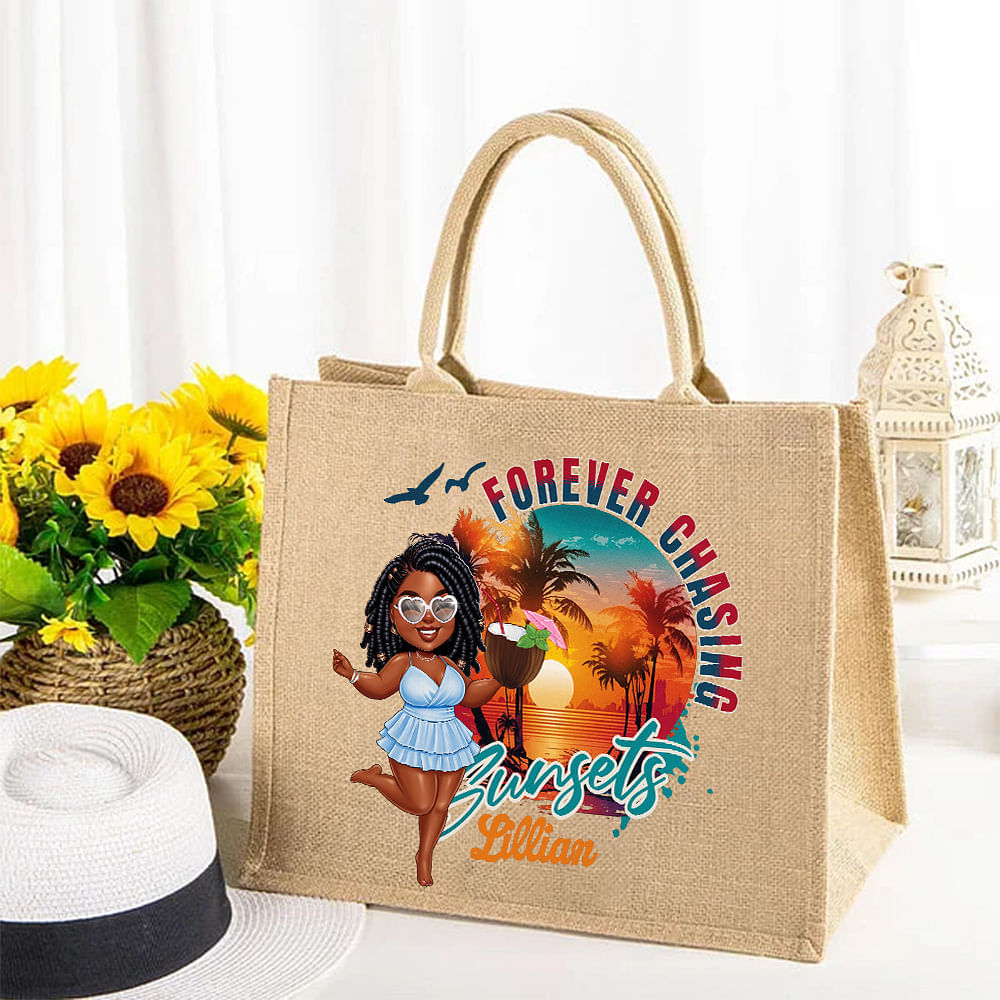 Personalized Forever Chasing Sunsets Large Jute Tote Bag with Name and ...