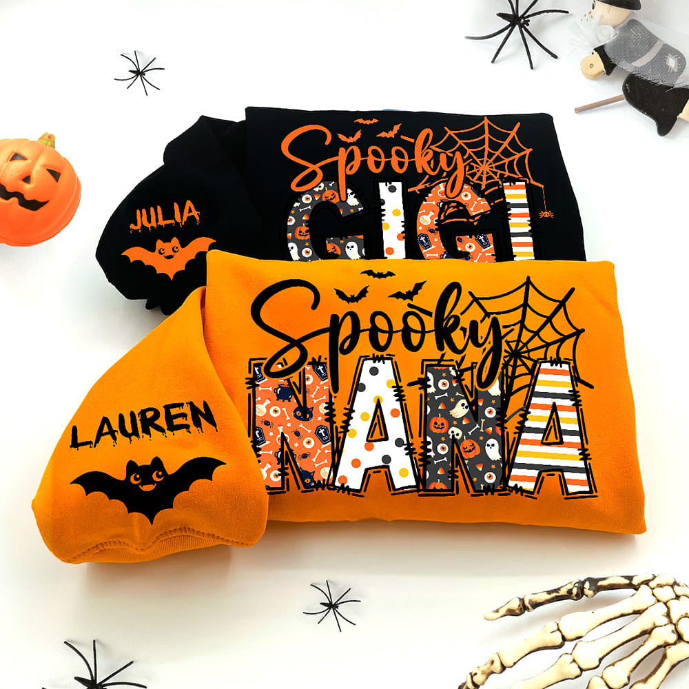 Personalized Spooky Mama Grandma Pumpkin Bat Design Crewneck Sweatshirt ...