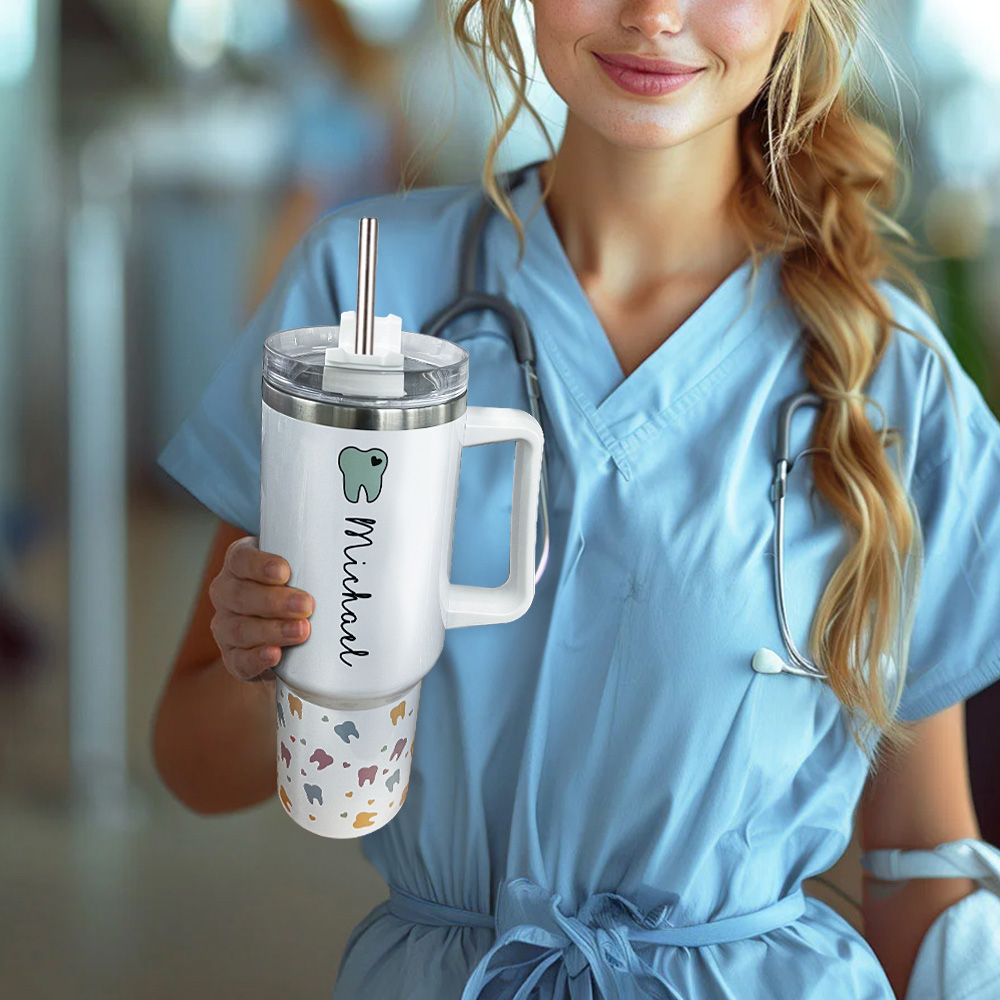 Personalized Dental Cute Teeth 40oz Name Tumbler with Lid Straw and ...