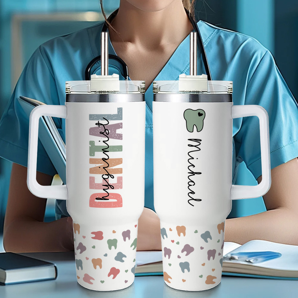 Personalized Dental Cute Teeth 40oz Name Tumbler with Lid Straw and ...